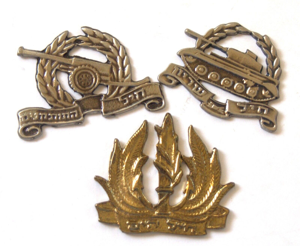 Lot of 3 IDF Zahal Metal Cap Badges Navy Armored Artillery Corps Vinta ...